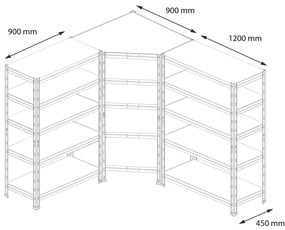 Bezšroubový kovový regál RIVET CORNER PACK 180x210x180x45 cm, 5x HDF police, zinek