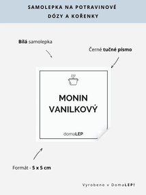 Samolepka na láhev MONIN VANILKOVÝ 5 x 5 cm – bílá vinylová, voděodolná, omyvatelná samolepka na dózy, tučné písmo