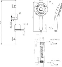 Invena Milos, sprchový sloup na přísavky 70cm, 3-funkční sprchová hlavice, chromová, INV-AU-21-P01-L