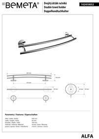 Bemeta Design ALFA: Držák ručníků, 525 mm, dvojitý -