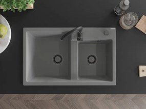 Mexen Tomas, granitový dřez 800x500x190 mm, 2-komorový, šedá s černým sifonem, 6516802000-71-B