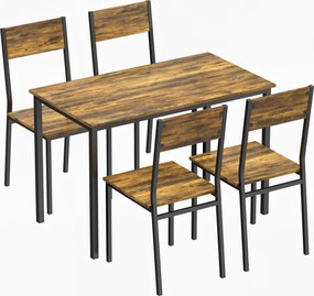 HOMCOM Jídelní set se 4 židlemi, kuchyňský stůl pro 4 osoby, kovové nohy, rustikální hnědá