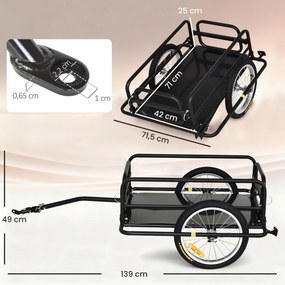 HOMCOM Přívěs na kolo pro přepravu nákladu s kapacitou 40 kg, skládací kovový vozík, černý, 139 x 71,5 x 49 cm