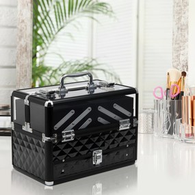 HOMCOM Organizér na make-up a šperky, přenosný, víceúrovňový s rukojetí a skládacími přihrádkami, hliníková slitina, 30x18,5x22 cm, průhledný a černý