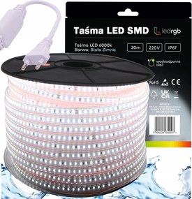 Set Led pásek Smd 220V 230V 30m 6000K Bílý Studený Napájecí Zdroj IP67 120/m