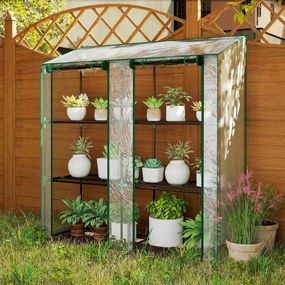 Outsunny 3-patrový zahradní skleník s policemi a šikmou střechou, 2 zipové dveře pro pěstování rostlin na terase 143x46x141/151 cm Průhledný