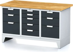 Dílenský stůl MECHANIC I, 1x 5 zásuvkový box a 2x 3 zásuvkový box na nářadí, 11 zásuvek, 1500x685x880 mm, grafitové dveře