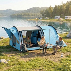 Rodinný tunelový stan Outsunny pro 4 osoby s obytným prostorem, odnímatelnou přepážkou, okny a integrovanou podlážkou — vodní sloupec 3000 mm (světle…