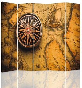 Ozdobný paraván, Kompas na staré mapě - 180x170 cm, pětidílný, klasický paraván