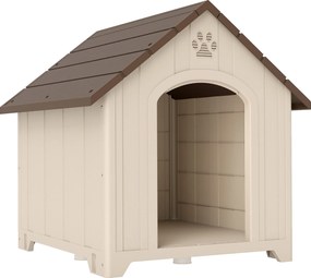 PawHut zvýšená venkovní bouda pro střední a velké psy — šikmá střecha, větrání a zemní kolíky, PP, 88 × 78 × 89 cm (béžová/tmavě hnědá)