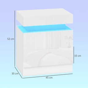 HOMCOM sada 2 LED nočních stolků s 16 barvami a 4 režimy, se 2 šuplíky, z dřeva, 45x35x52 cm, vysokolesklá bílá