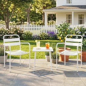 Bistro set 3dílná sada kovového zahradního nábytku se 2 zahradními židlemi, skleněný stůl, lamelový design, odolný proti korozi