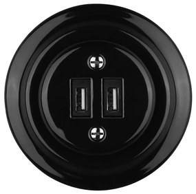 Bohemia-Design - Porcelánová retro USB napájecí zásuvka s rámečkem 2xUSB-A černá 12359390