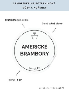 Samolepka na kořenky AMERICKÉ BRAMBORY průhledná 5 cm tučné písmo