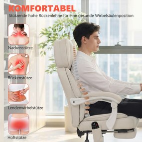 HOMCOM Kancelářská židle s vysokým opěradlem s vibrační masáží a vyhříváním, ergonomická, naklápěcí, s opěrkou nohou, krémově bílá