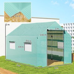Fóliový skleník Outsunny 2x3x2m odolný proti větru s rolovacím oknem a UV ochranou, ideální pro rajčata, robustní ocelová konstrukce v zelené barvě |