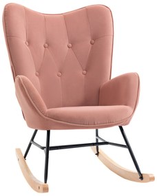 HOMCOM Ošetřovatelské houpací křeslo do ložnice obývacího pokoje, vysoké opěradlo, ocelový rám, sametový polyester, kaučukové dřevo, 84x70x96cm, růžo…