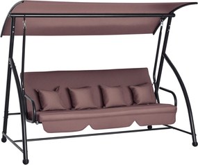 Outsunny Hollywoodská houpačka do zahrady, závěsná lavička pro 3 osoby s nastavitelnou střechou a funkcí lehátka, polyester hnědý 215 x 120 x 165 cm |
