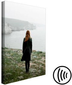 Obraz Co teď? (1-dílný) svislý - krajinářský pohled na ženu na pozadí hor