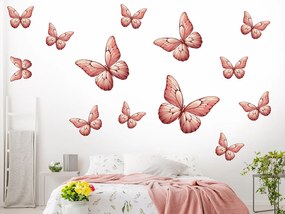 Motýli světle červení 13 ks textilní přelepitelné samolepky na zeď arch 30 x 30 cm
