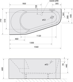Polysan PROJEKTA L MONOLITH rohová stojící vana 156 x 77 x 60 cm bílá/černá 20111MB
