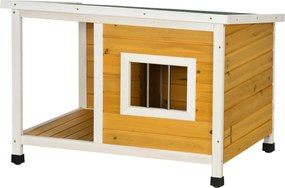 PawHut Psí Bouda, Borový Dřevo, Psí Bouda s Terasou a Sklopnou Asfaltovou Střechou, Bouda pro Malé Psy, Vnitřní, Venkovní, Odolná vůči Počasí, Oranžov