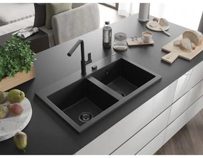 Mexen Hektor, 2-komorový granitový dřez 800x480x205 mm, černá-stříbrná metalíza, grafitový sifon, 6521802000-73-B