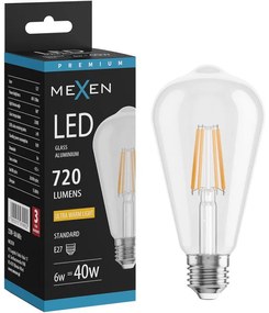 Mexen Vintis LED žárovka filament E27, ST64, 6W, Teplá - 2200K, 720 lm, čirá - L152-E27-0622-00