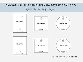 GRANOLA - omyvatelná samolepka na dózu, výběr rozměrů Ø 5 cm / 5 x 5 cm / 6 x 8 cm | DomaLEP tvar: OBDÉLNÍK, barva: BÍLÁ - ČERNÉ písmo, velikost: š. 6 cm x v. 8 cm - tučné písmo