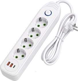 Toolight Toolight, JNH025-4B, prodlužovací lišta 4 zásuvky + 2× USB-A + USB-C, 1,8 m, bílá, OSW-56209