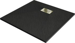 Mexen Hugo, čtvercová sprchová vanička SMC 70 x 70 cm, černá, zlatá krytka, 42707070-G