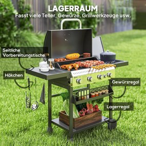 Outsunny Plynový gril, BBQ gril, 4 hlavní hořáky, 1 boční hořák, 1 udržovací plotna; 135 x 55 x 103 cm, černá