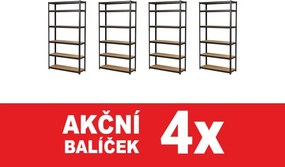 Akce 4x Regál 220x120x50 cm lakovaný 6-policový, nosnost 1050 kg - černý