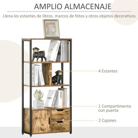HOMCOM Knihařský regál s kabinetem a 2 úložnými šuplíky, průmyslový styl, 58x24x122 cm, rustikální hnědá