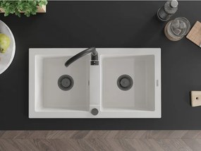 Mexen Mario, granitový dřez 820x436x161 mm, 2-komorový, bílá s černým sifonem, 6504822000-20-B