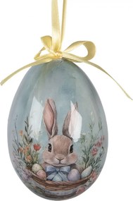 6ks dekorace bílé a modré závěsné vajíčko s králíčky Spring Egg - Ø 7*10 cm