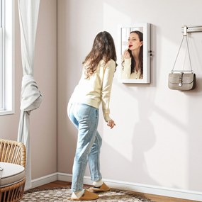 HOMCOM Zrcadlový šperkový kabinet na zeď, Šperková skříň s uzamčením, Zrcadlo v MDF pro ložnici a obývací pokoj, 36,5 x 9,5 x 67 cm, Bílá