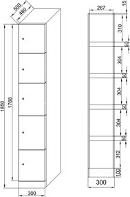 Šatní skříňka S1 s úložnými boxy, 5 boxů, 1850 x 300 x 500 mm, kódový zámek, laminované dveře, bříza