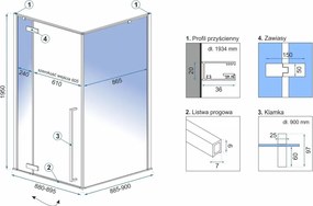 Rea Fargo, sprchový kout s křídlovými dveřmi 90 (dveře) x 90 (stěna) x 195 cm, 6mm čiré sklo, zlatý profil + bílá sprchová vanička Savoy, KPL-K4903