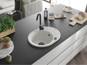 Mexen Kevin, granitový dřez 586x458x190 mm, 1-komorový, bílá s černým sifonem, 6517581005-20-B