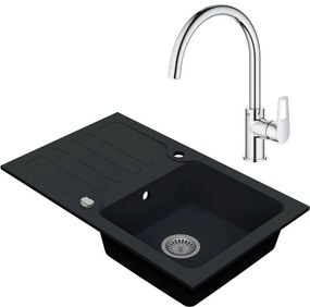 Vima Dřezový set Grohe 2/O- Granitový dřez, s odkapávací plochou, 78x48cm, Tmavá grafit matná + Dřezová baterie Grohe Bau Loop