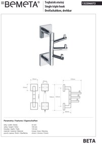 Bemeta Design BETA: Věšák, se 3 háčky, otočný -