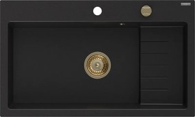 Mexen Omar, 1-komorový granitový dřez 800x480x210 mm, černá, zlatý sifon, 6520801005-77-G