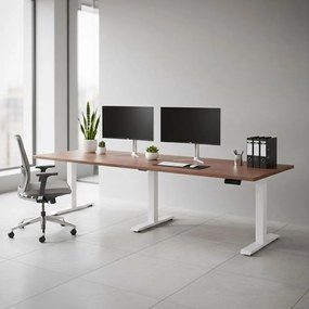Výškově nastavitelný stůl OfficeTech Long, 260 x 80 cm, bílá podnož, ořech