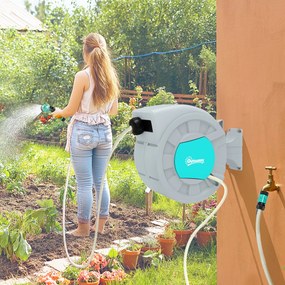 Zavlažovací cívka Outsunny s hadicí 25 m, 180° otočný box, montáž na zeď, automatické navíjení hadice, sprcha se 7 funkcemi, Zelená+Šedá
