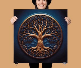 Plakát - Zlato modrý strom života v kruhu FeelHappy.cz Velikost plakátu: 120 x 120 cm