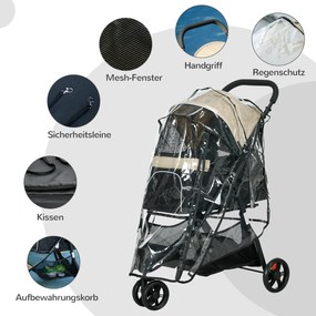 PawHut Kočárek pro psy, skládací, s pláštěnkou, 2 držáky na nápoje, modrý + khaki