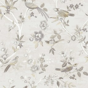 Šedo-béžová vliesová tapeta s květinami a ptáčky, 28841, Thema, Cristiana Masi by Parato