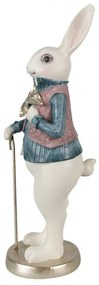 Figurka bílého králíčka v růžové vestičce, modré košilce a se zlatou hůlkou – 32 cm