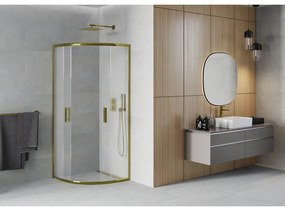 Mexen Rio, čtvrtkruhový sprchový kout s posuvnými dveřmi 80 (dveře) x 80 (dveře) x 190 cm, 5mm sklo námraza, zlatý profil, 863-080-080-50-30